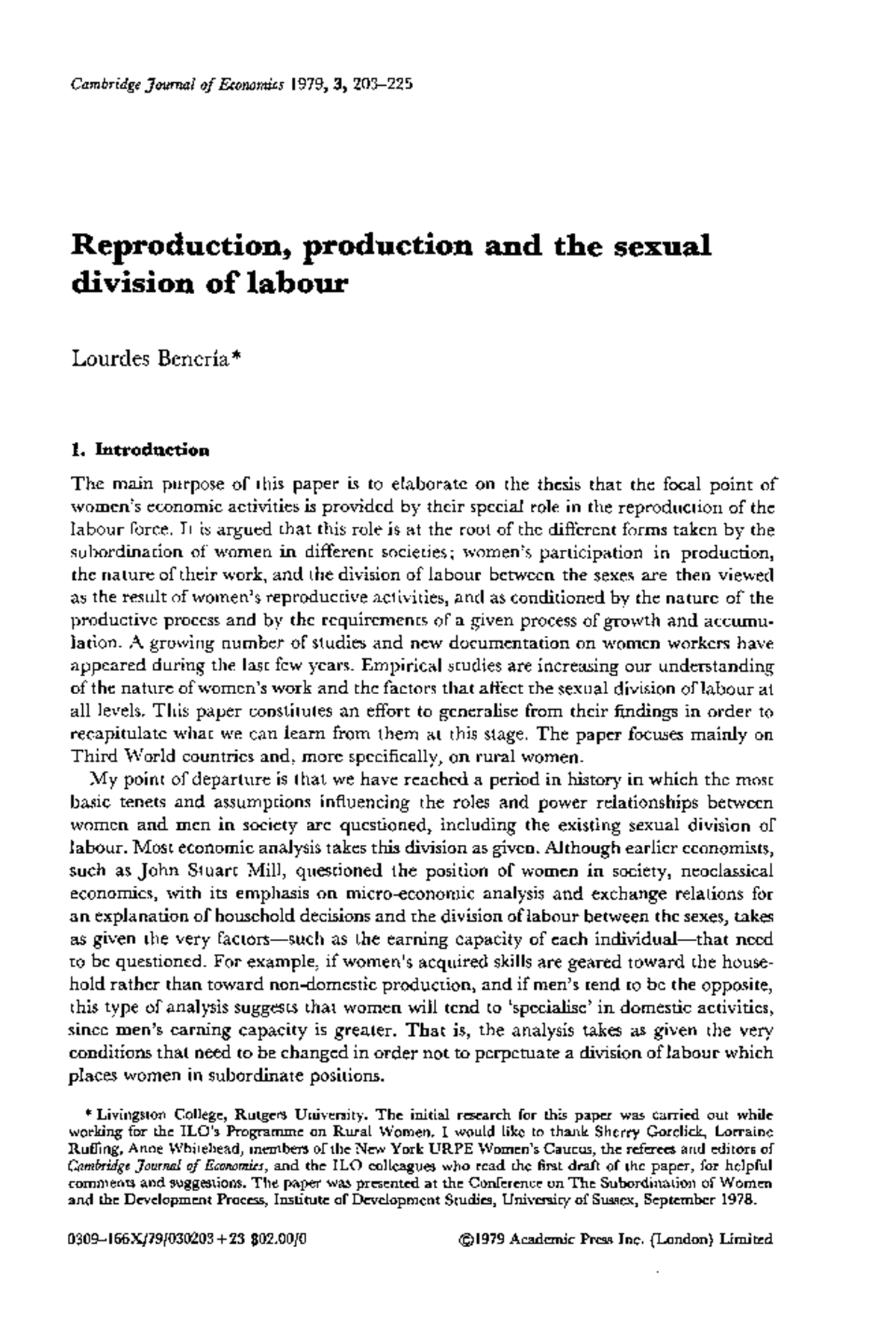 Reproduction, Production, and the Sexual Division of Labour (1979 ...