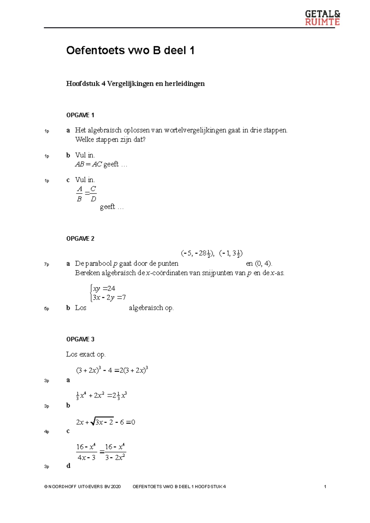 GR12 VB1 H04 Oefentoets Hoofdstuk 4: Vergelijkingen en Herleidingen - Studeersnel
