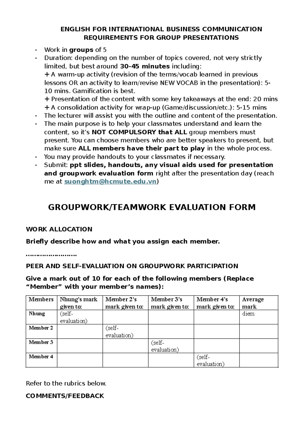 Requirements for group presentations - ENGLISH FOR INTERNATIONAL BUSINESS COMMUNICATION ...
