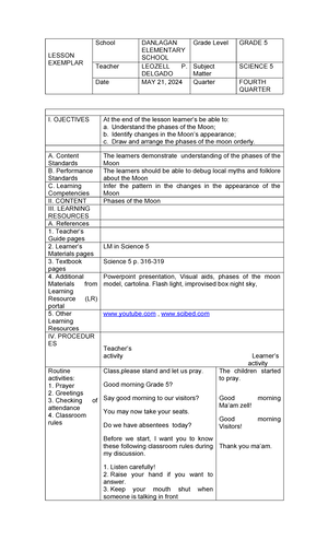 Detailed Lesson PLAN. English 5 - DETAILED LESSON PLAN LEARNING ...