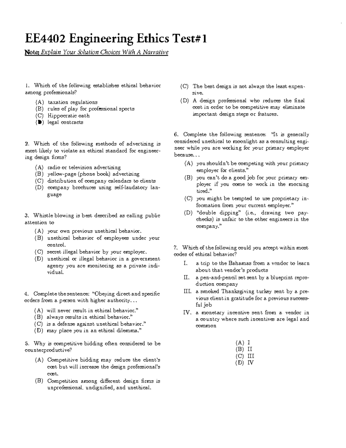 FE-Ethics Quiz-1 SP2019 - EE 4402 Engineering Ethics Test# Note:Explain ...
