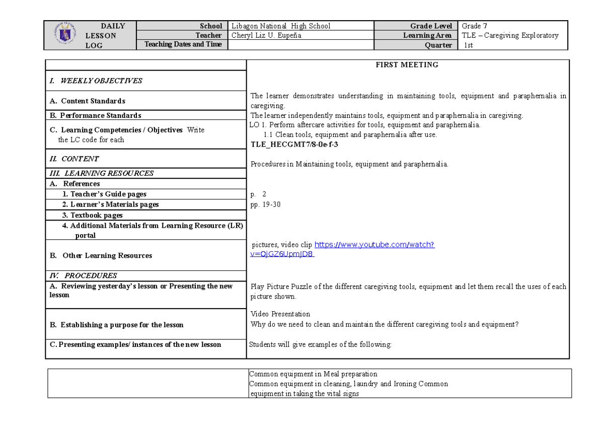 To print G7 DLL - GRADE 7 DLL - DAILY LESSON LOG School Libagon National High School Grade Level ...