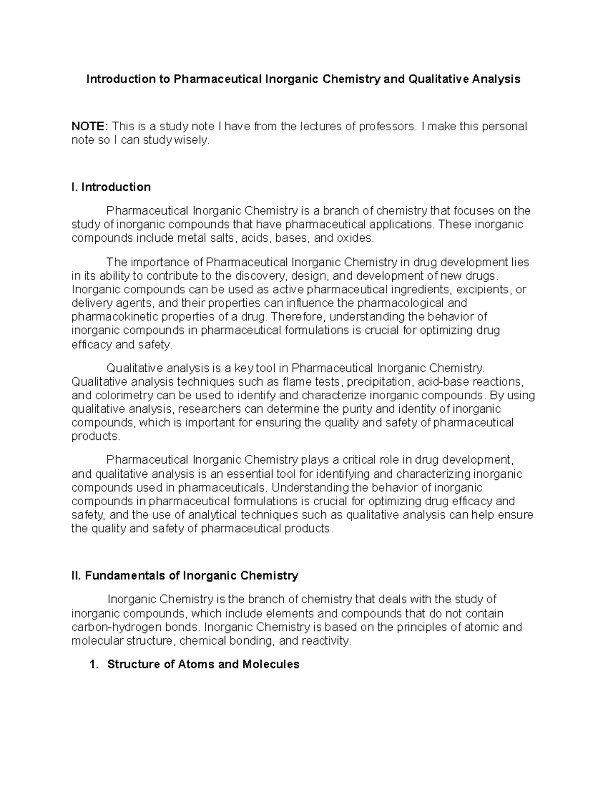 PHC 101: Lecture Notes on Inorganic Chemistry and Qualitative Analysis ...