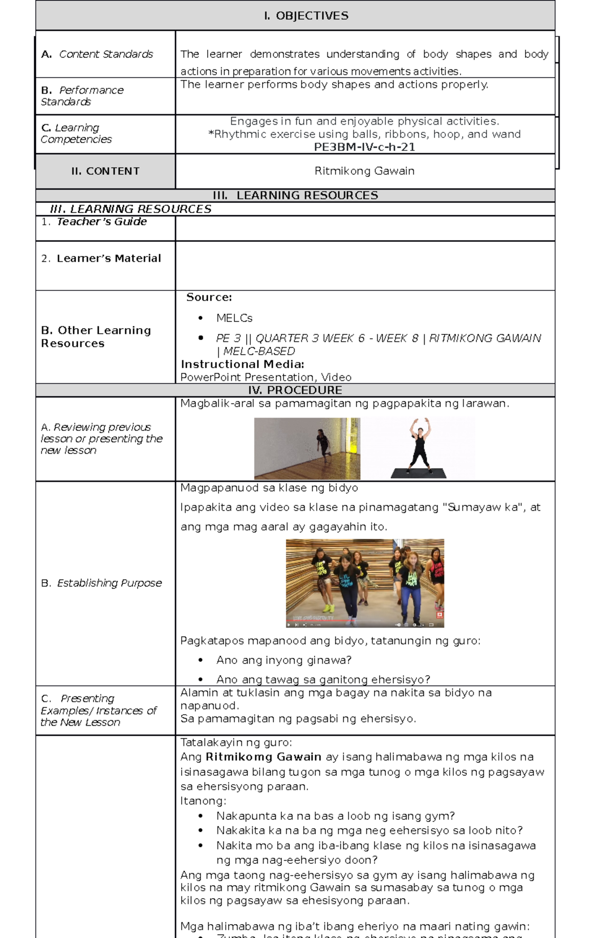 Physical Education DLP: Grade 3 Quarter 4 Lesson Plan on Rhythmic Activities - Studocu