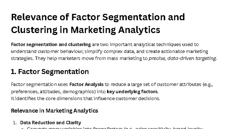 Factors Segmentation & Clustering in Marketing Analytics - Studocu