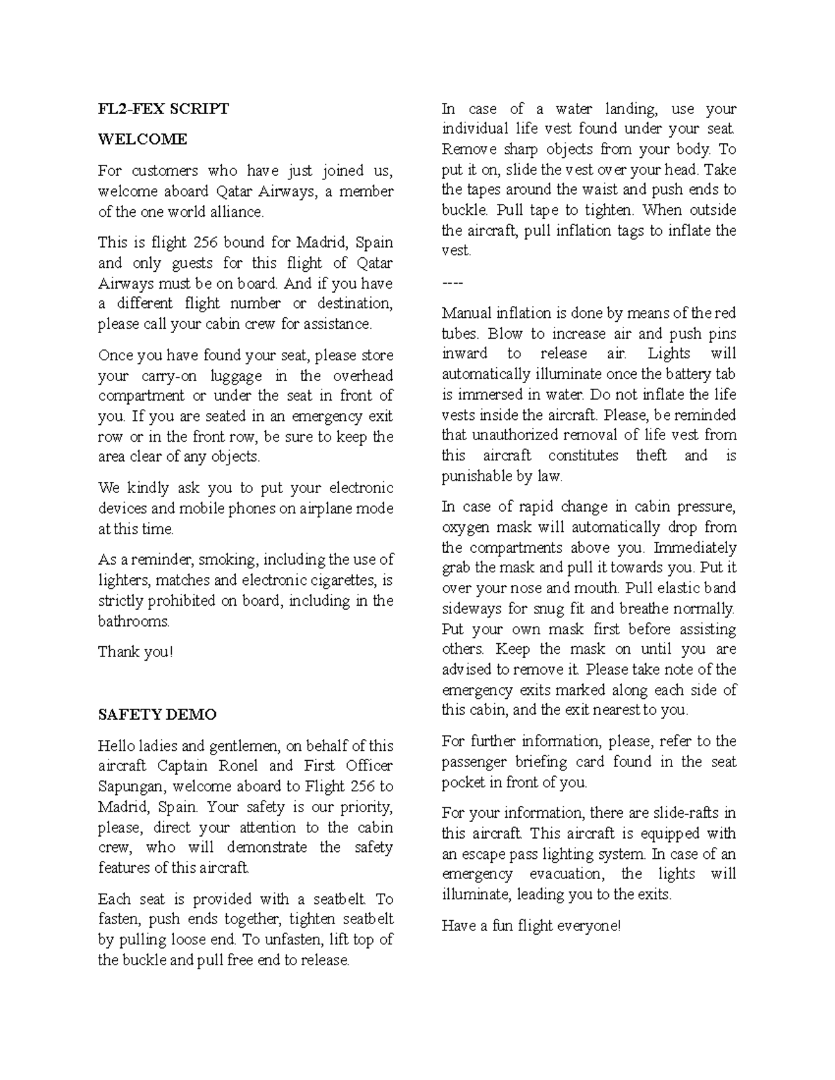 FL2-FEX SAFETY DEMO SCRIPT (ENGLISH - SPANISH) - Studocu