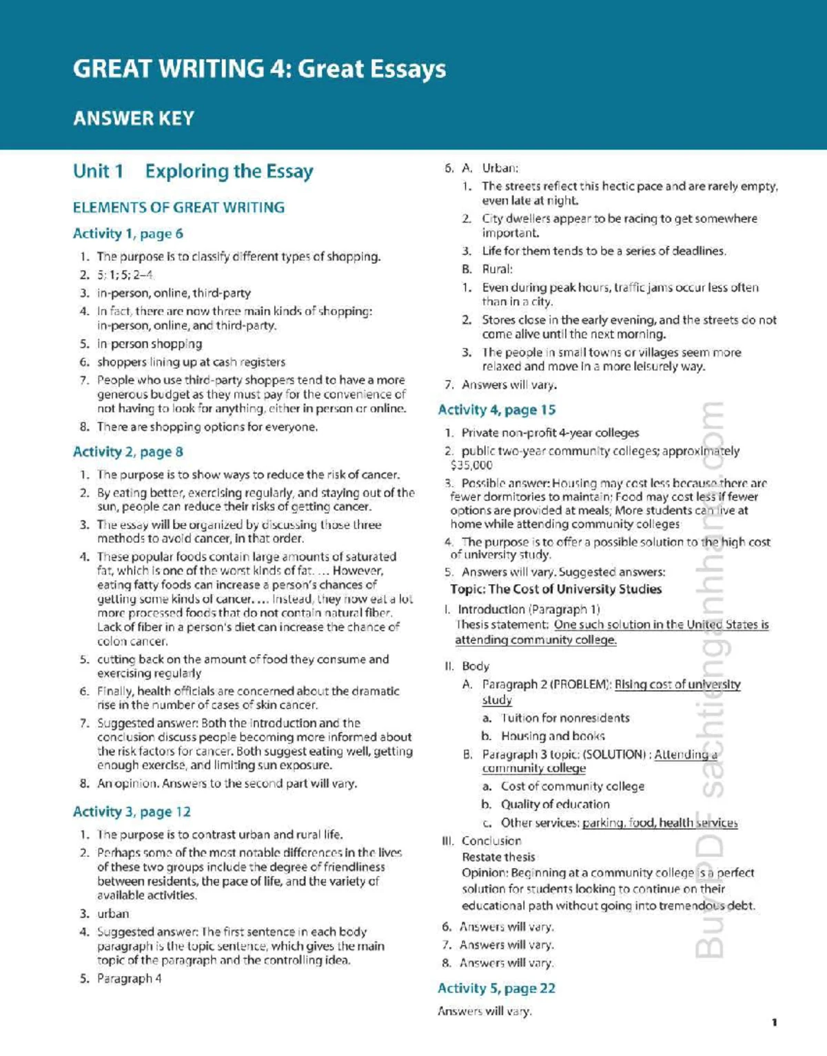 Great Writing 1 5th edition Answer Key - GREAT WRITING 1: Great ...