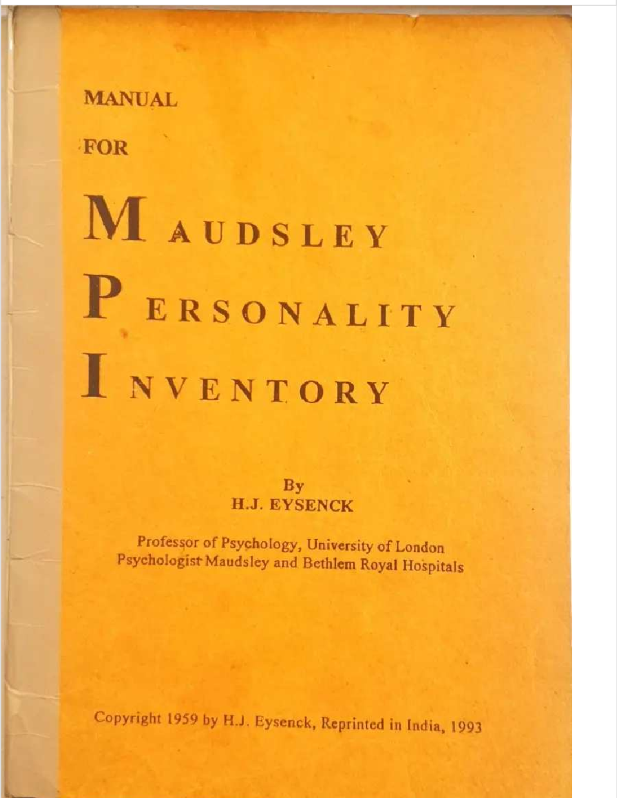 Manual for Maudsley Personality Inventory (M.P.I.) - H.J. Eysenck - Studocu