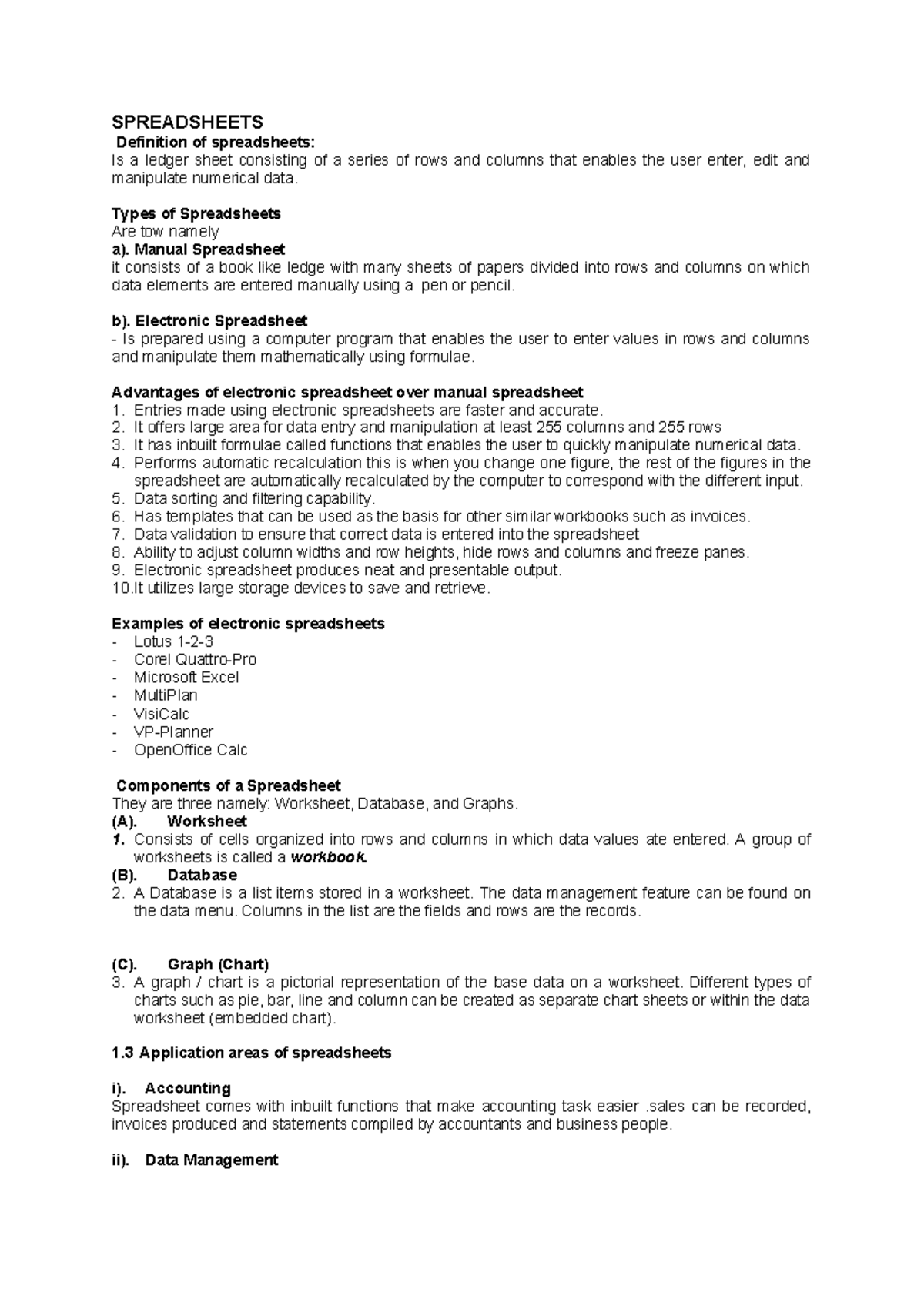 SPREADSHEETS: Comprehensive Overview and Microsoft Excel Guide - Studocu