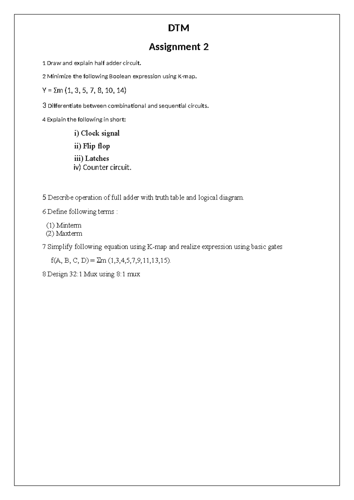 DTM Assignment 2 - DTM Assignment 2 1 Draw and explain half adder ...