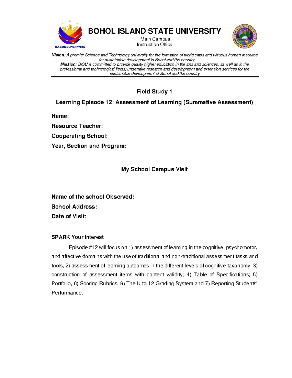Episode 12 - BOHOL ISLAND STATE UNIVERSITY Main Campus Instruction ...