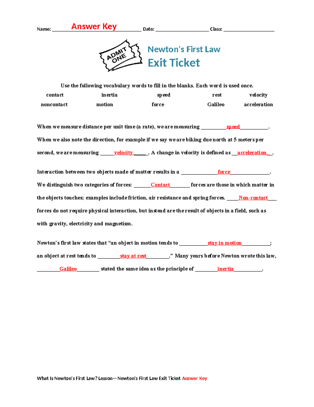 UCD TEDL DWC Newton's First Law Lesson 01 Exit Ticket Answers - Studocu