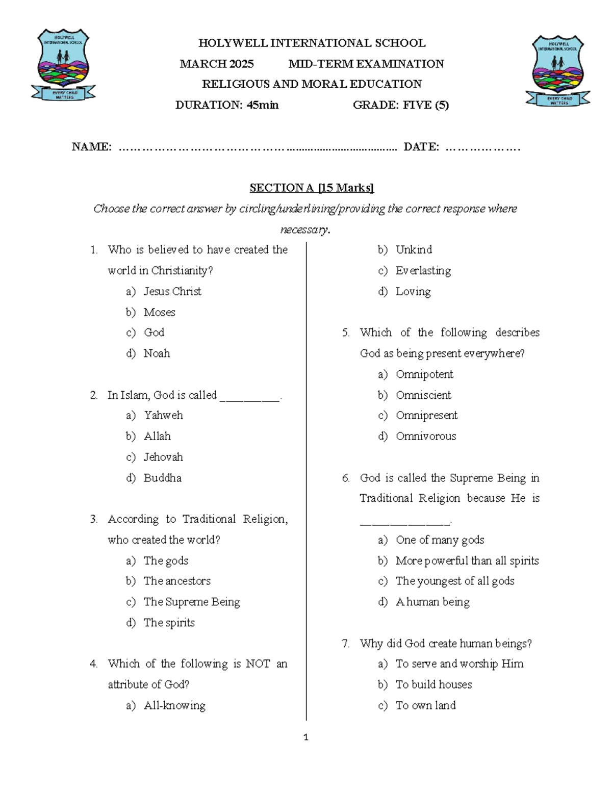 RME Grade 5 March 2025 Exam Questions and Answers Guide - Studocu