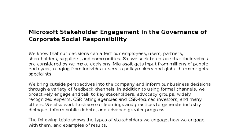 Microsoft's Stakeholder Engagement in CSR Governance - Studocu