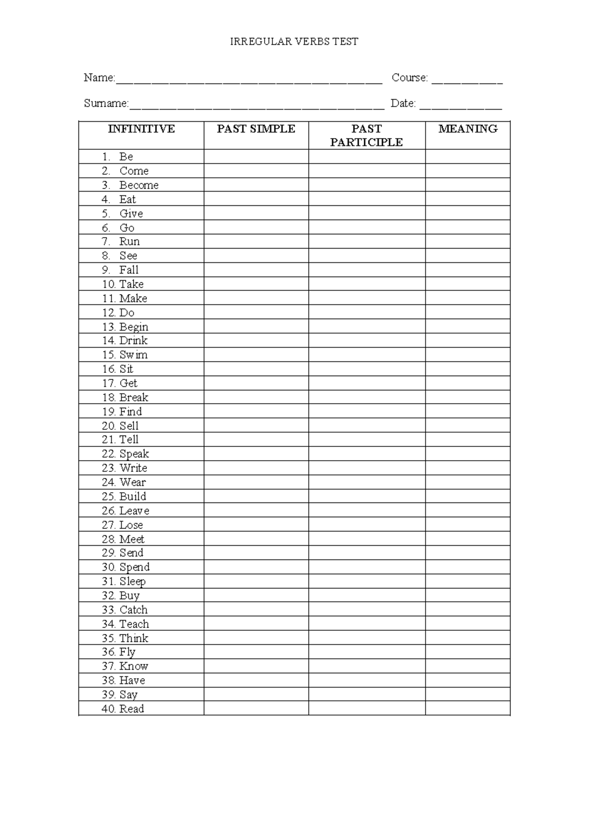 Irregular verbs exam - IRREGULAR VERBS TEST Name