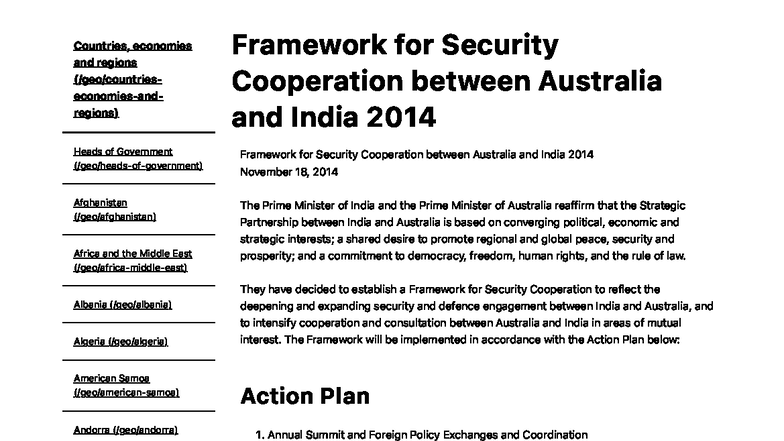 Framework for Security Cooperation: Australia-India 2014 (DFAT) - Studocu