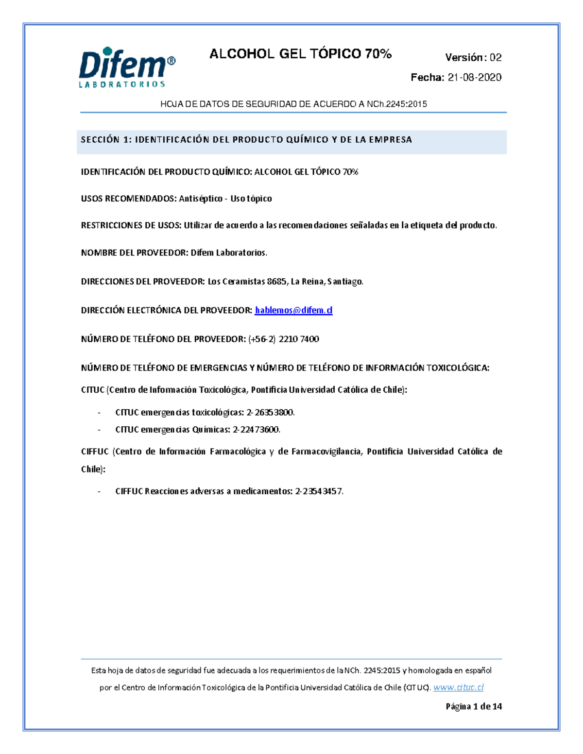 HDS Alcohol Gel Tópico 70% - Seguridad y Manejo según NCh.2245:2015 ...