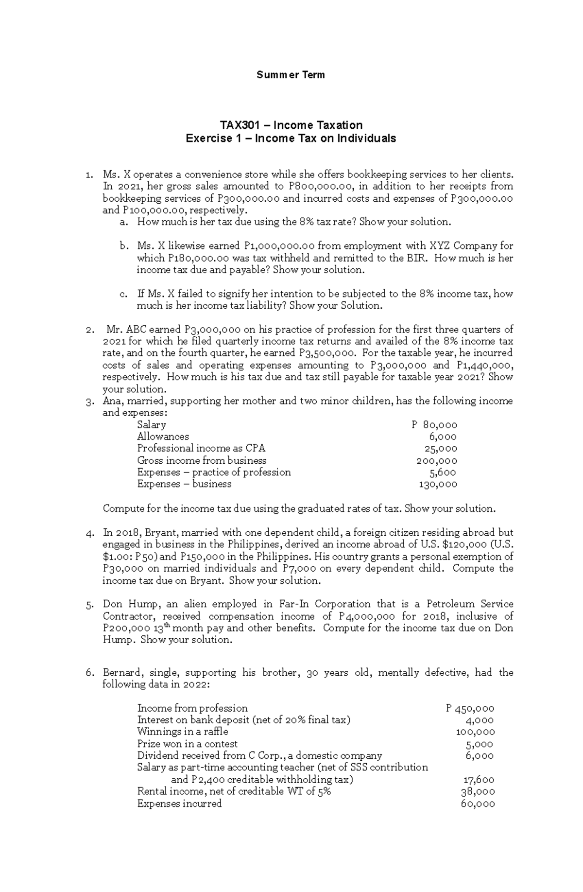 Income Taxation - Exercise 2 Solutions for TAX301 Coursework - Studocu