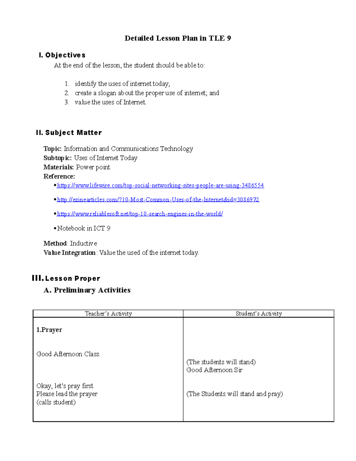 DLP in ICT 9 - Detailed Lesson Plan on Internet Uses Today - Studocu