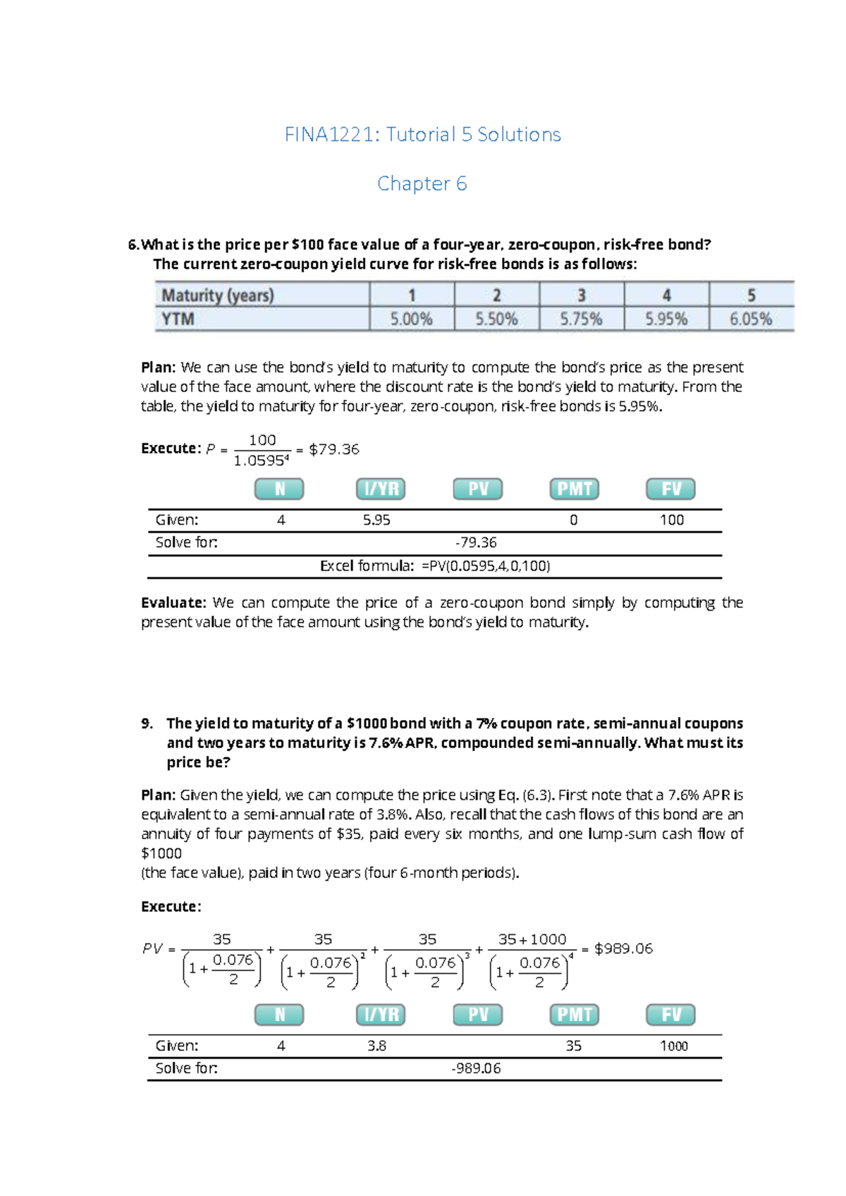 FINA1221: Tutorial 5 Solutions Overview and Bond Pricing Analysis - Studocu