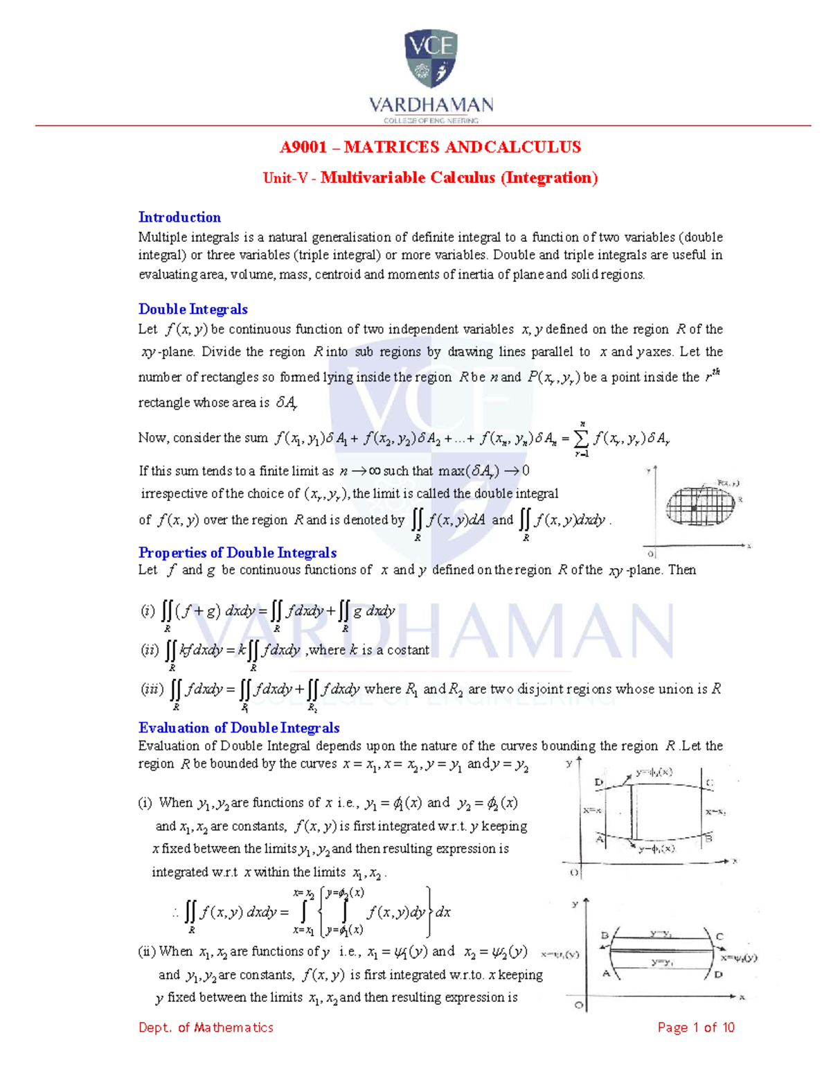 A9001 MATRICES AND CALCULUS: Multivariable Integration Overview - Studocu