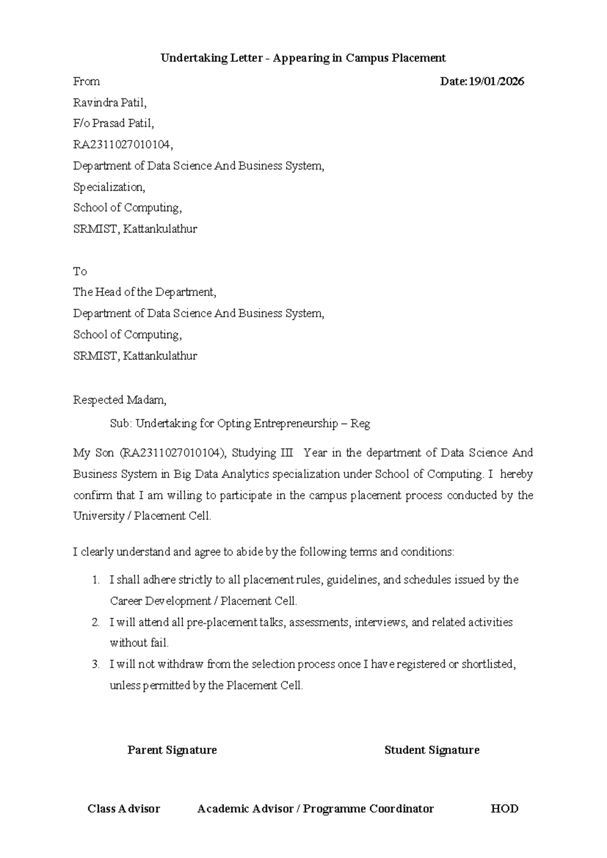 Undertaking Letter from Parents for Students Opting for Placement ...