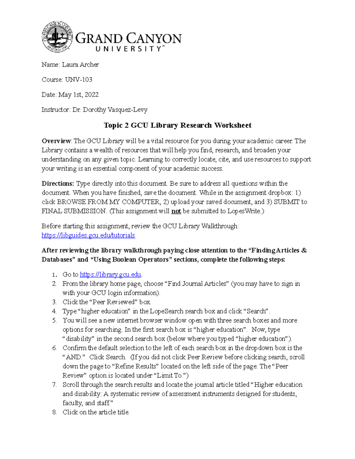 GCU UNV- Library Research Worksheet: Topic 2 Guide and Steps - Studocu