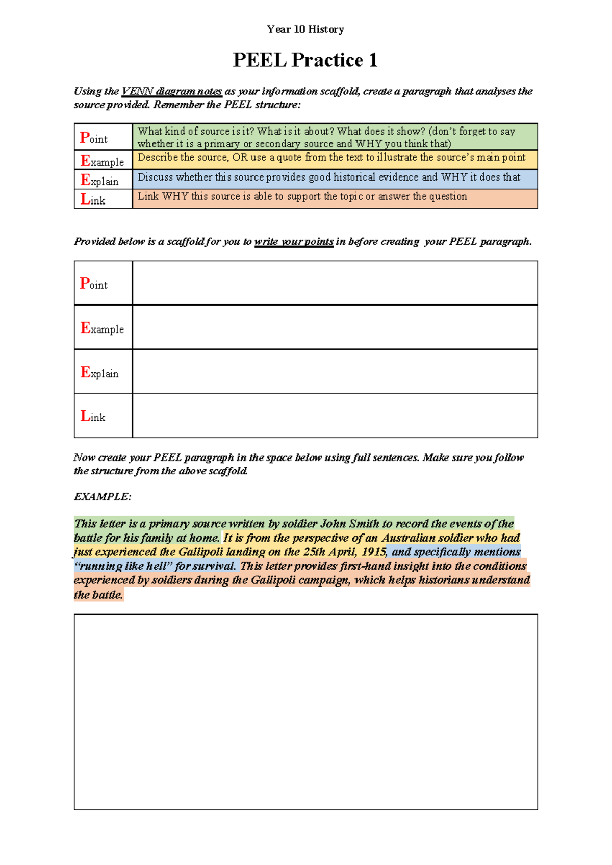 Year 10 History: PEEL Paragraph Practice Guide for Assessment - Studocu