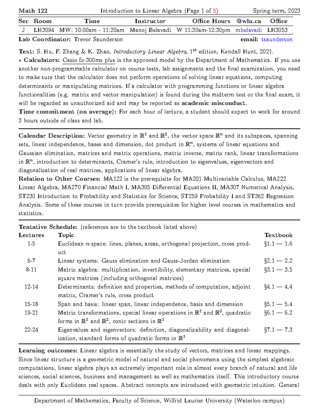 MA122 Introductory Linear Algebra Course Outline and Schedule - Studocu