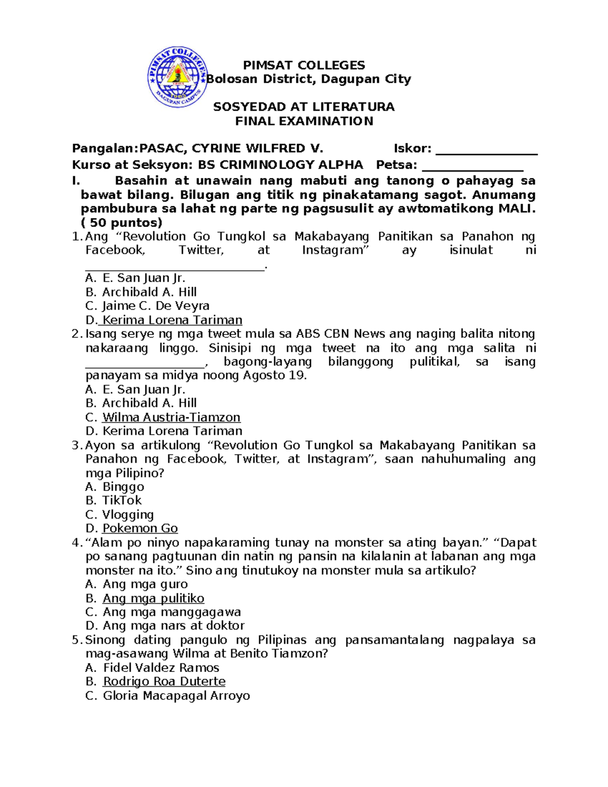 SOSLIT-Final Exam Review: Important Questions and Answers - Studocu