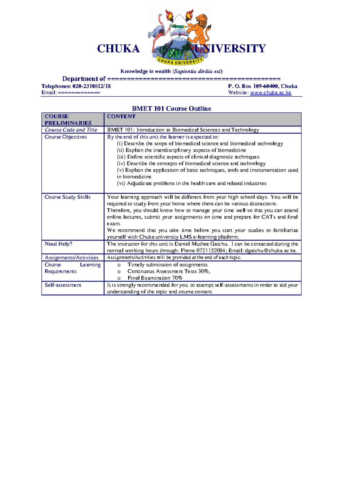 BMET 101 Course Outline: Introduction to Biomedical Sciences & Tech ...