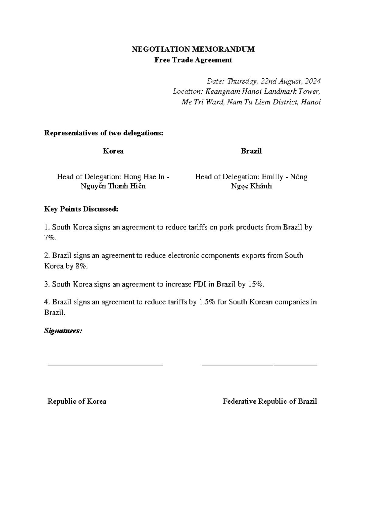 Hiệp định đàm phán - dshunnhjds - NEGOTIATION MEMORANDUM Free Trade ...