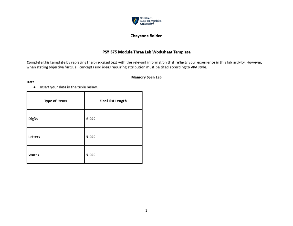 PSY 375 Module Three Lab Worksheet Template - Cheyanna Belden PSY 375 ...