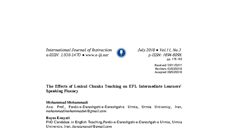The Effects of Lexical Chunks Teaching on EFL Intermediate Fluency ...