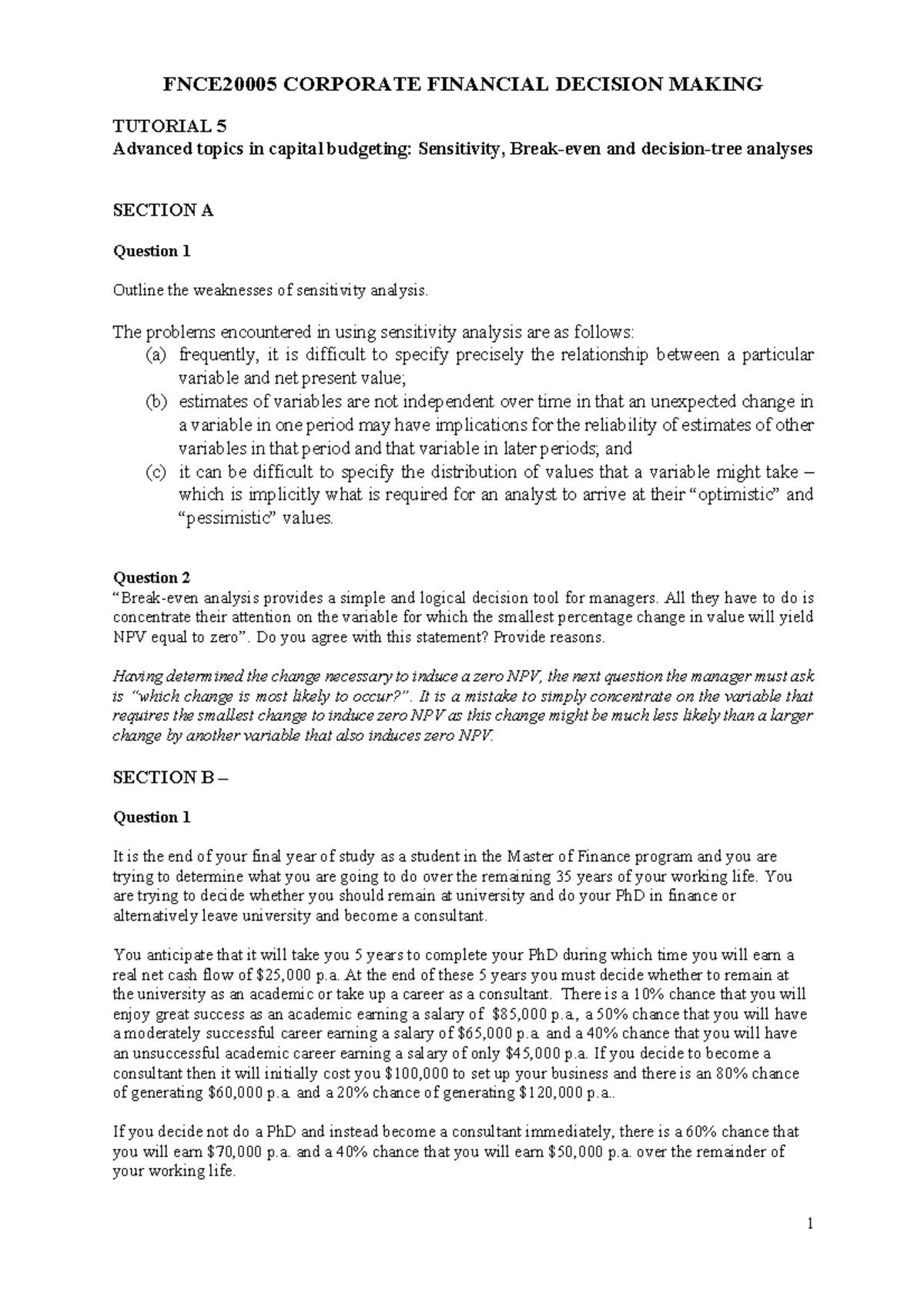 FNCE20005 Corporate Financial Decision Making: Tutorial 5 Solutions ...
