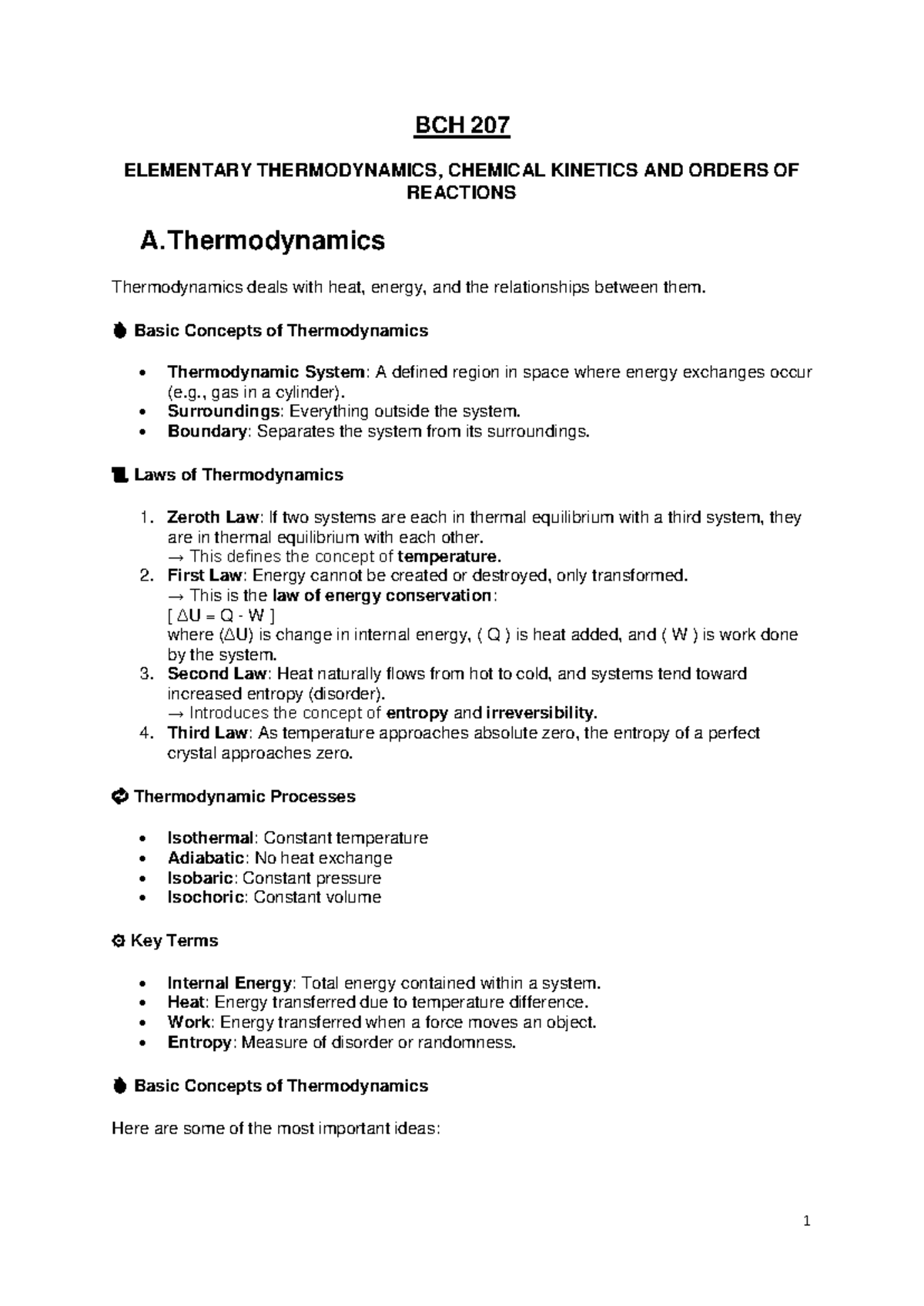 BCH 207 - Final Exam Notes on Thermodynamics & Chemical Kinetics - Studocu