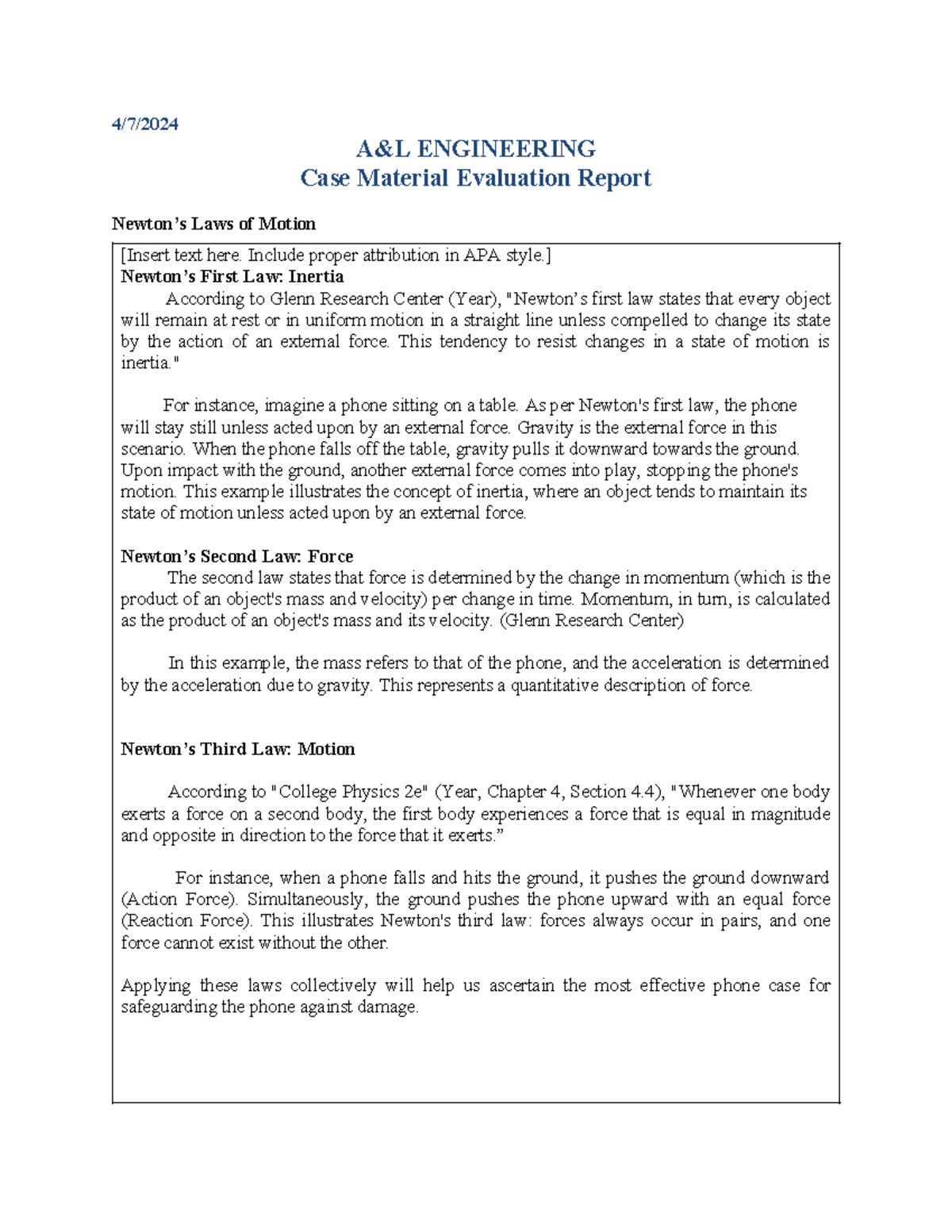 PHY 150 Project Two Case Material Evaluation Report on Newton's Laws - Studocu