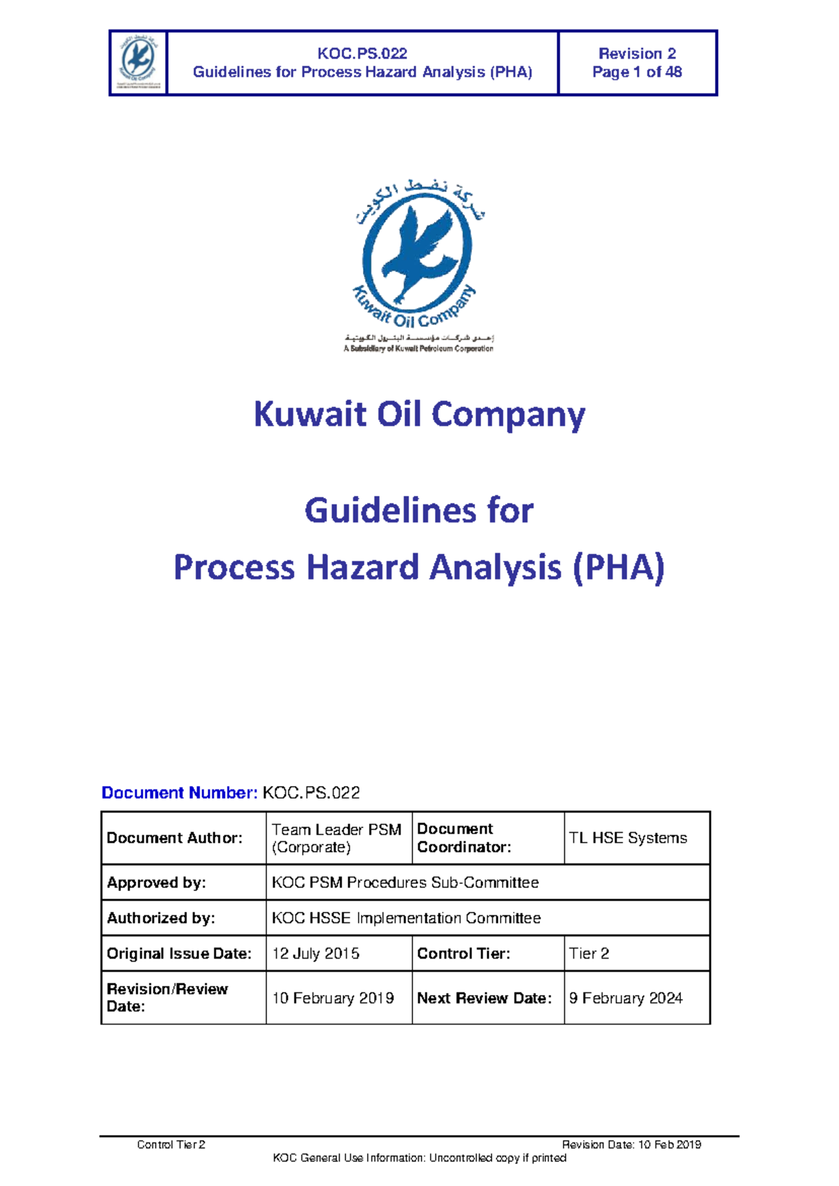 KOC.PS.022 PHA Guidelines: Process Hazard Analysis Revision 2 - Studocu