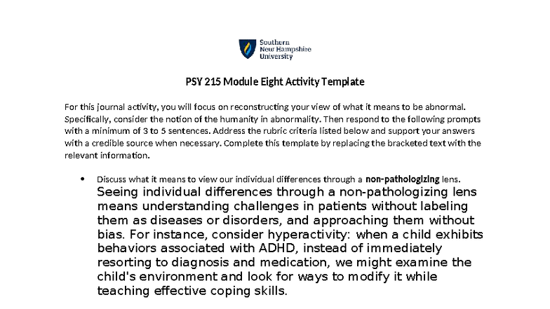 PSY 215 Journal Activity: Reconstructing Abnormality Perspectives - Studocu