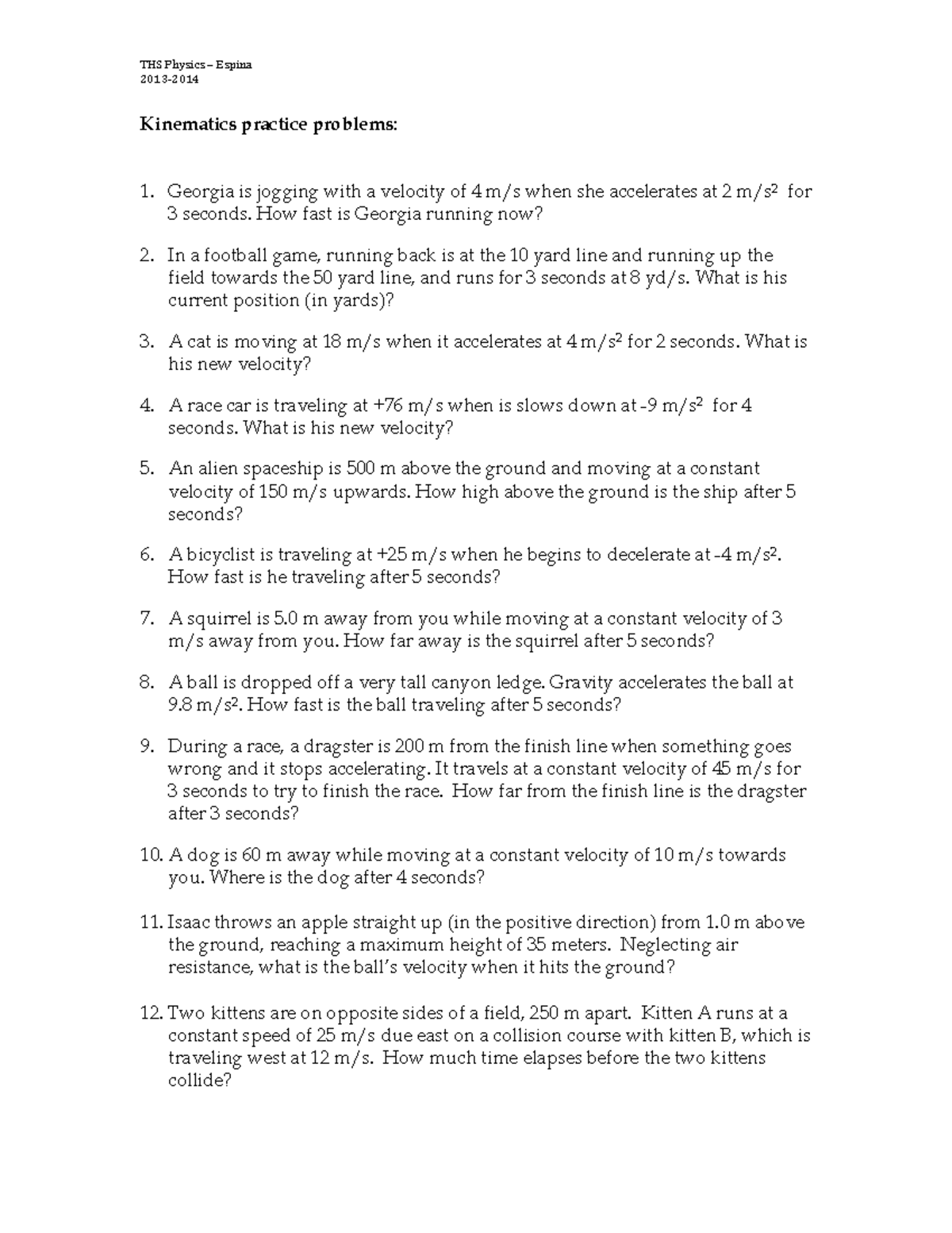 ONE DIMENSIONAL kinematics practice packet ...