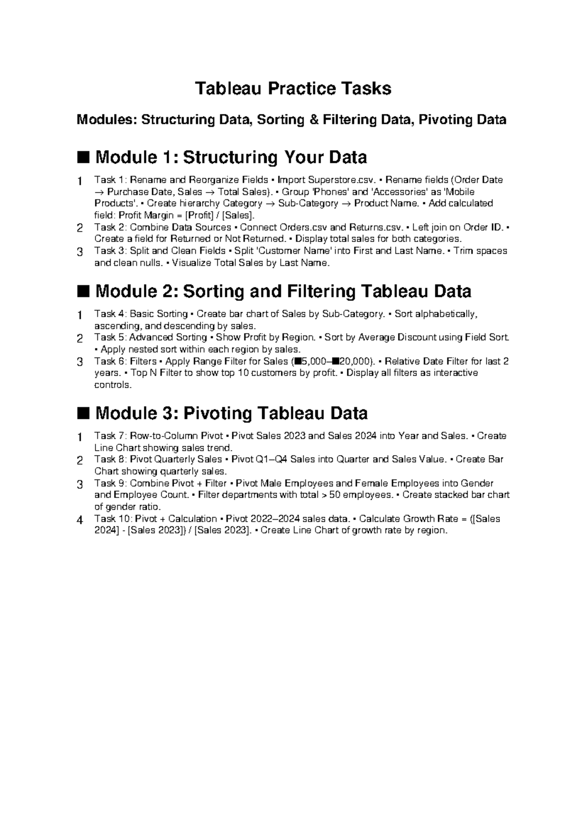 Tableau Tasks: Structuring, Sorting & Pivoting Data (Module 1-3) - Studocu