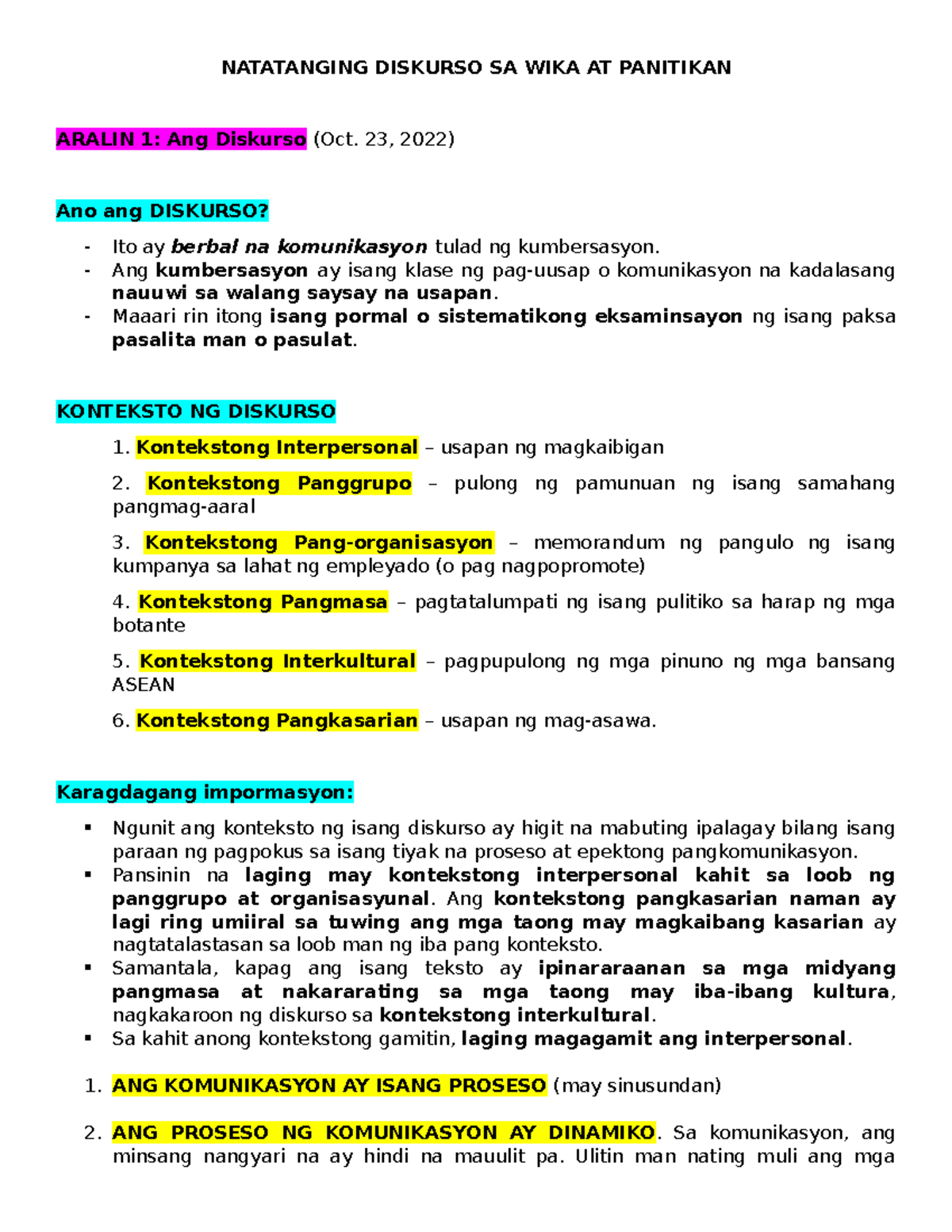 Diskurso sa Wika at Panitikan: Isang Reviewer sa Aralin 1 - Studocu