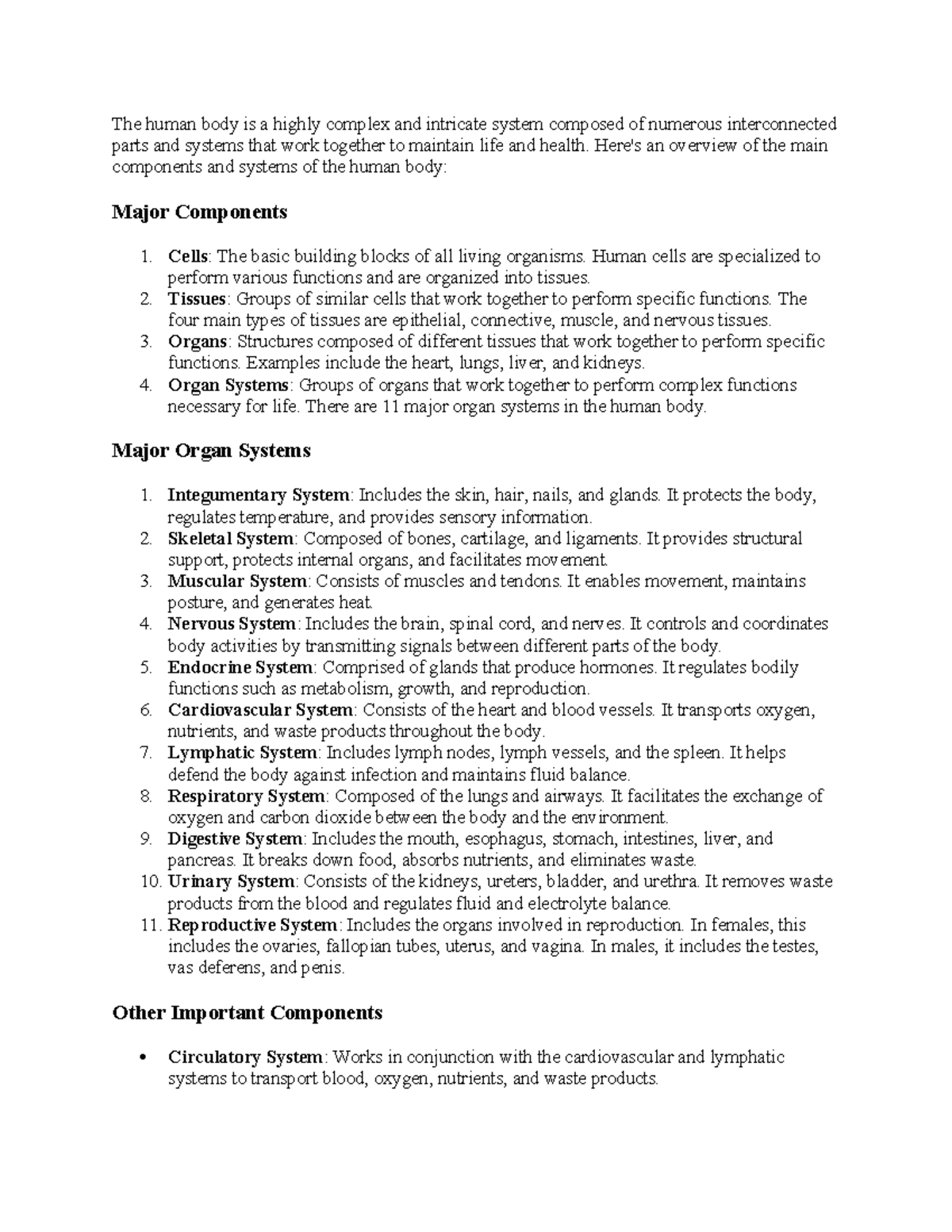 Comprehensive Overview of the Human Body Systems and Components - Studocu