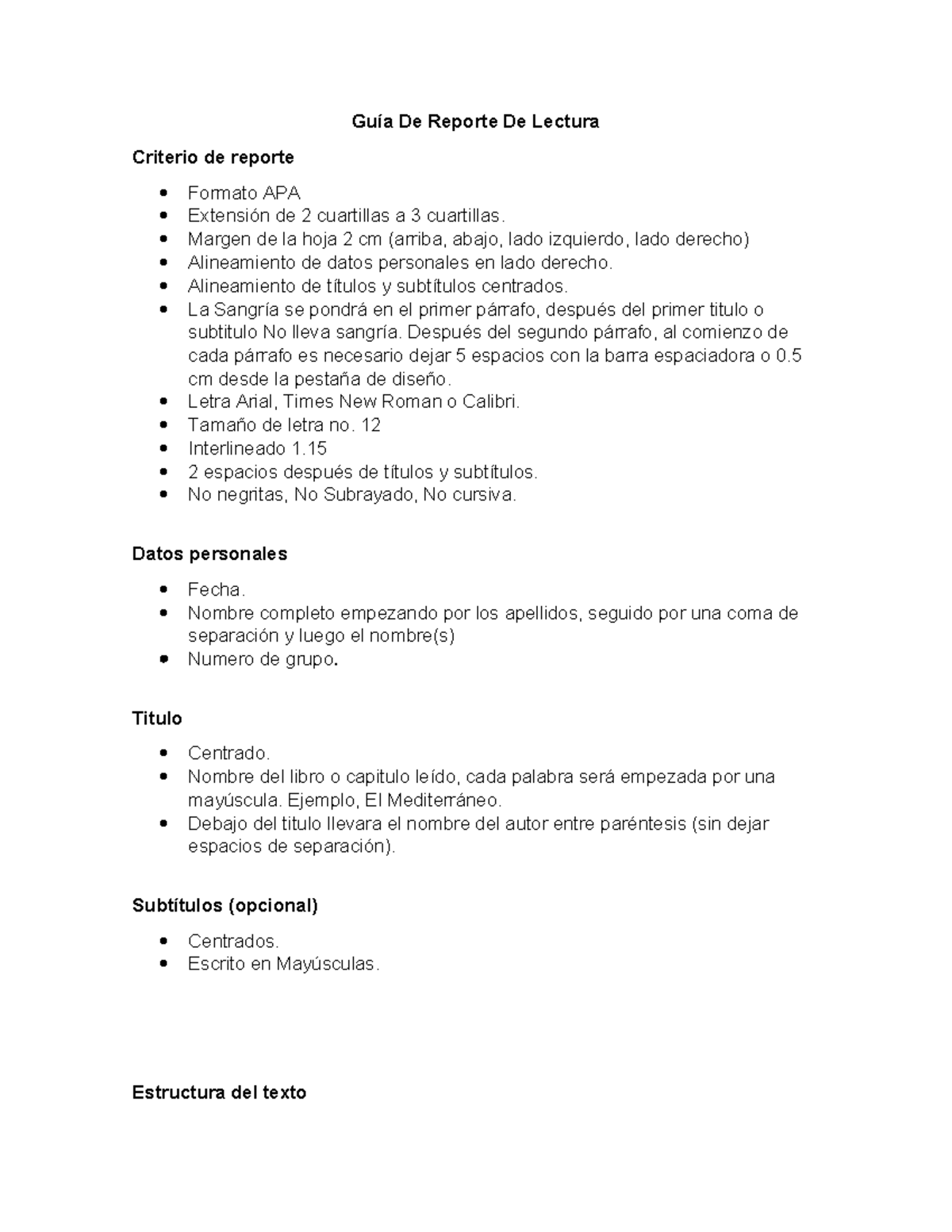 Guía de Reporte de Lectura: Formato y Estructura en APA - Studocu