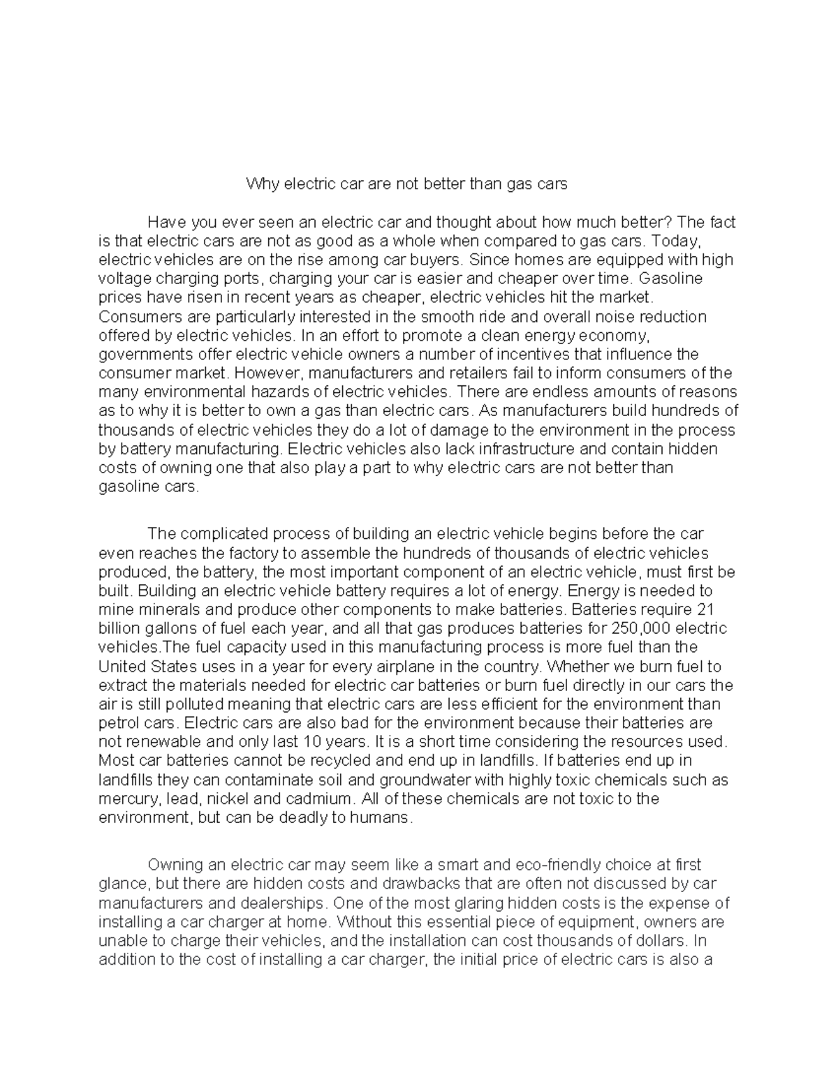 ENG 101: Argumentative Essay on Electric vs. Gas Cars - Studocu