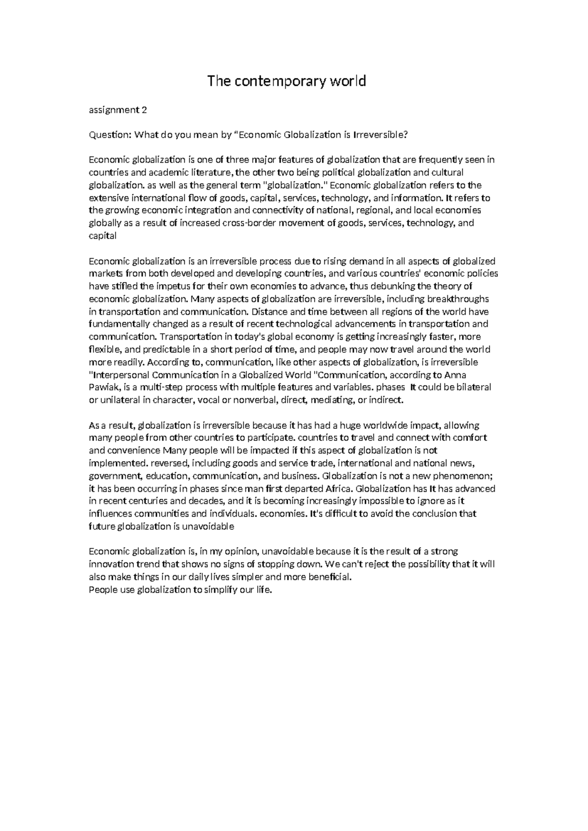 The Contemporary World Assignment 2: Understanding Irreversible ...