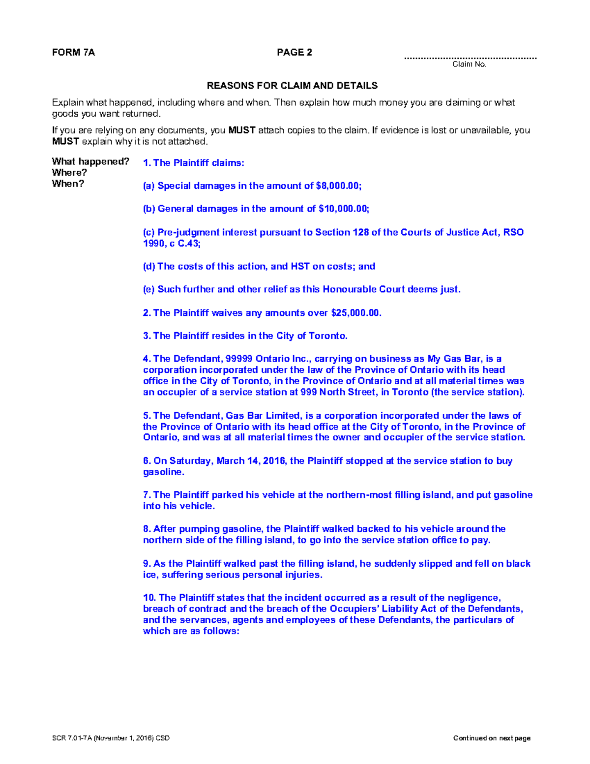 FORM 7A PAGE 2: Claim Details and Reasons for Claim in Ontario Small ...