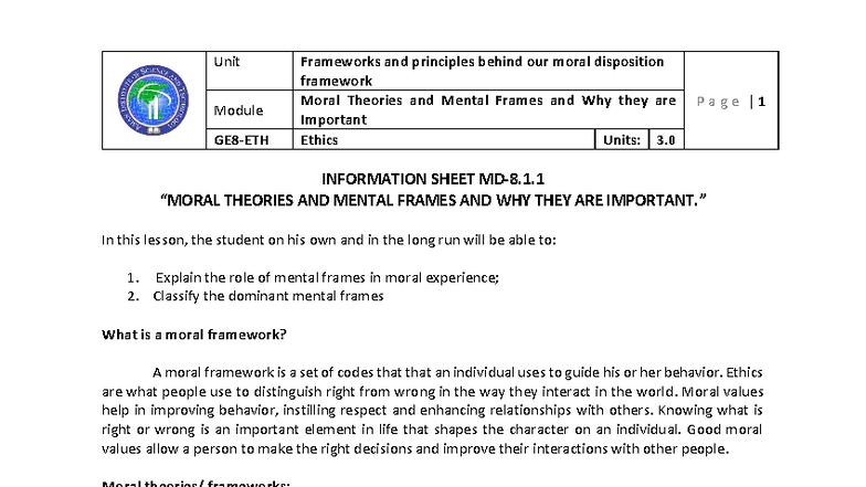 CJM Module 8: Moral Theories and Mental Frames in Ethics - Studocu
