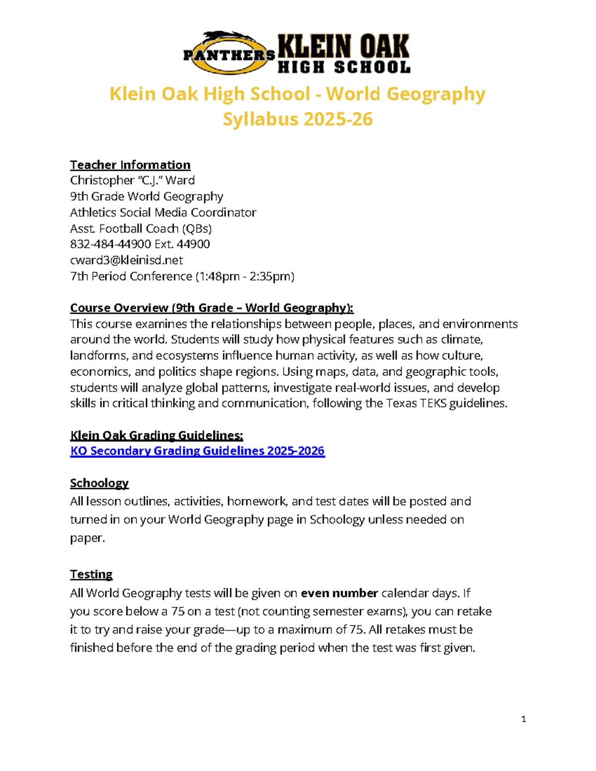 Ward's 9th Grade World Geography Syllabus KOHS 2025-26 - Studocu