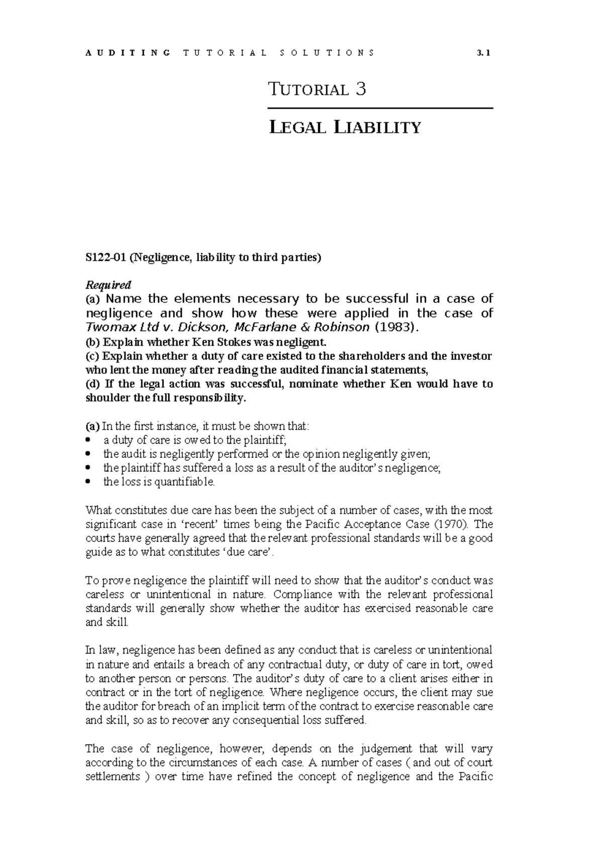 Auditing Tutorial Solutions S122-01: Legal Liability Analysis - Studocu